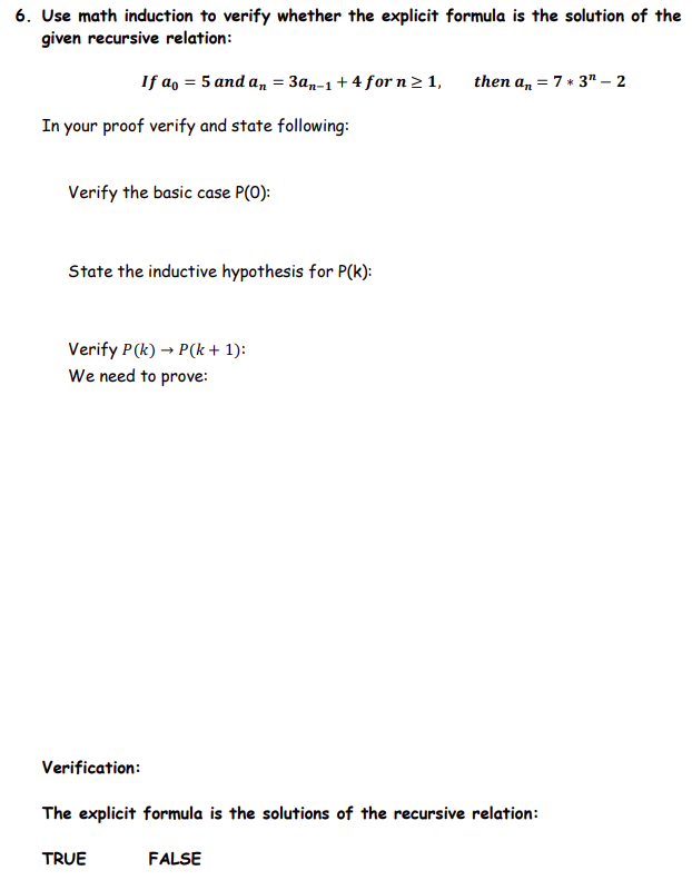 Solved 6. Use math induction to verify whether the explicit | Chegg.com