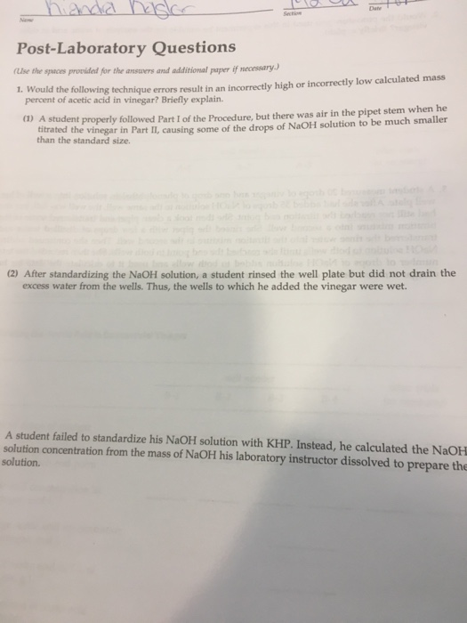 Post-Laboratory Questions Use the spaces provided for | Chegg.com