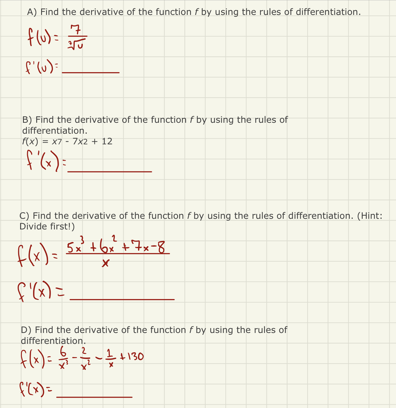 Solved A) Find the derivative of the function f by using the | Chegg.com