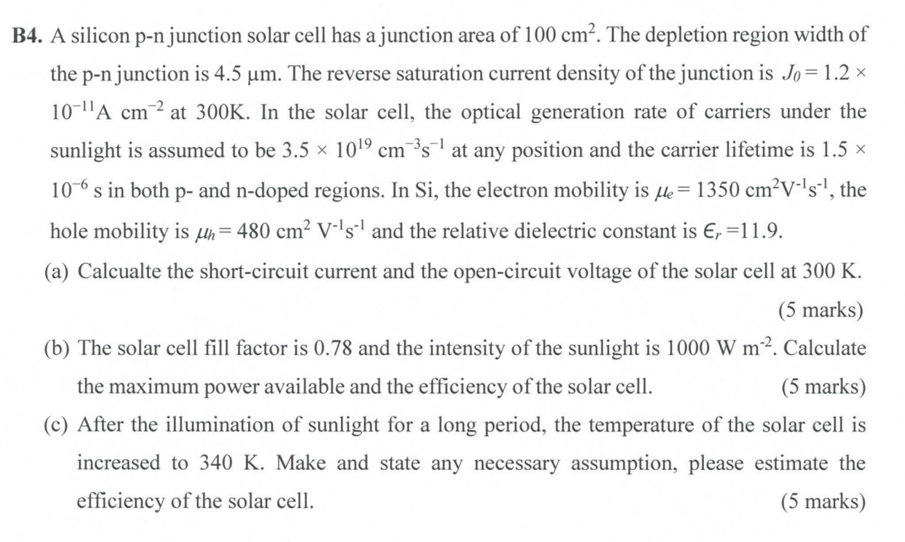 Solved S B4. A silicon p-n junction solar cell has a | Chegg.com