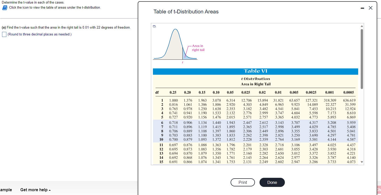 Determine the t-value in each of the cases.Click the | Chegg.com