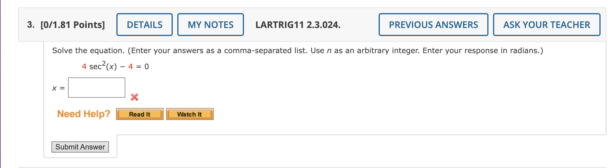 Solved Solve the equation. (Enter your answers as a | Chegg.com