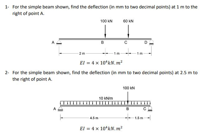 Solved 1. For the simple beam shown, find the deflection (in | Chegg.com