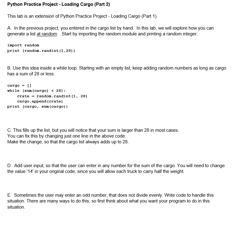 Solved Python Practice Project - Loading Cargo (Part 2) This | Chegg.com