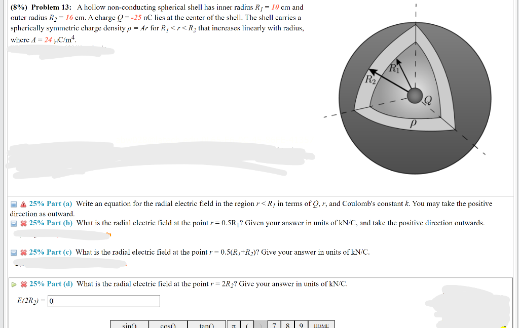 Solved (8%) Problem 13: A hollow non-conducting spherical | Chegg.com