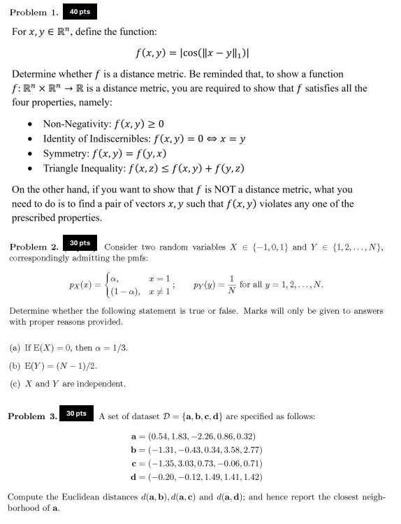 Problem 1.For x,yinRn, ﻿define the | Chegg.com