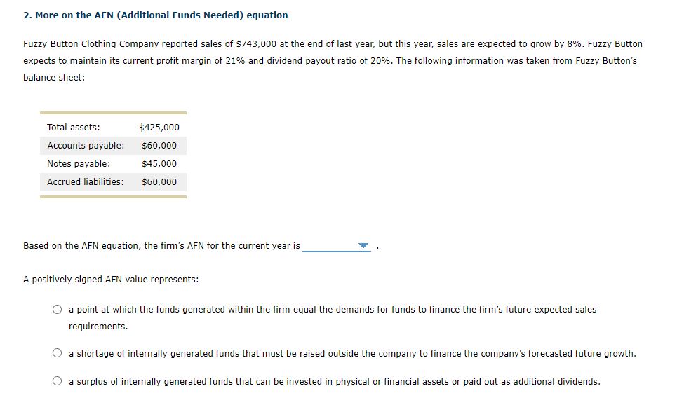 Solved 2. More on the AFN (Additional Funds Needed) equation | Chegg.com