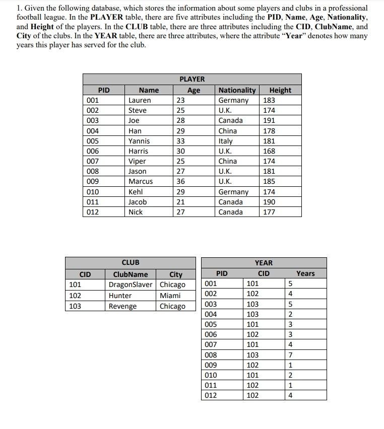 Solved 1. Given the following database, which stores the | Chegg.com