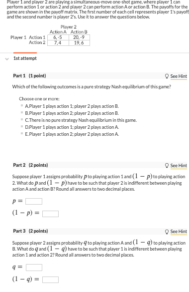 Solved Player 1 and player 2 are playing a simultaneous-move | Chegg.com