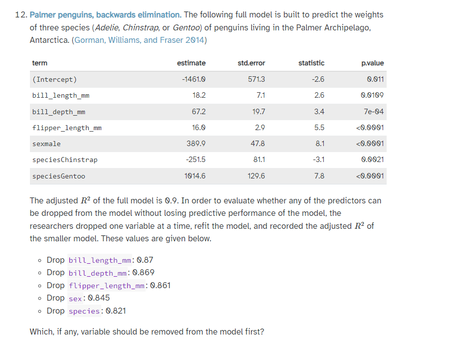Solved 2. Palmer penguins, backwards elimination. The | Chegg.com