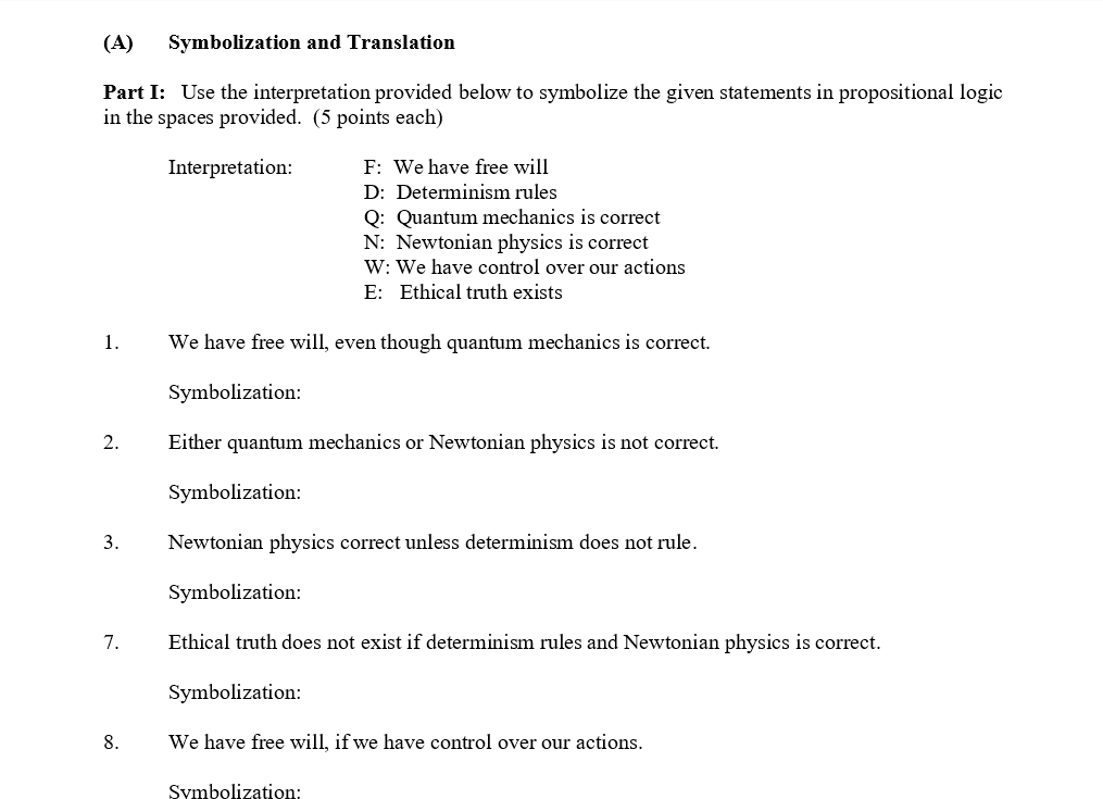 (A) Symbolization and Translation Part I: Use the | Chegg.com