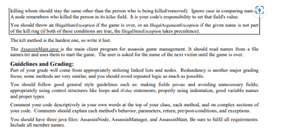 Solved PLEASE ONLY WORK ON THE ASSASSINMANAGER.JAVA | Chegg.com