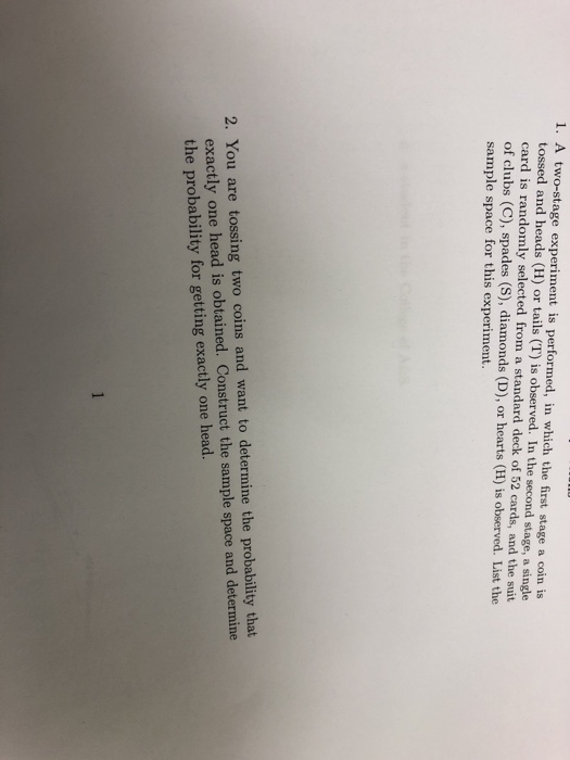 Solved 1. A two-stage experiment is performed, in which the | Chegg.com