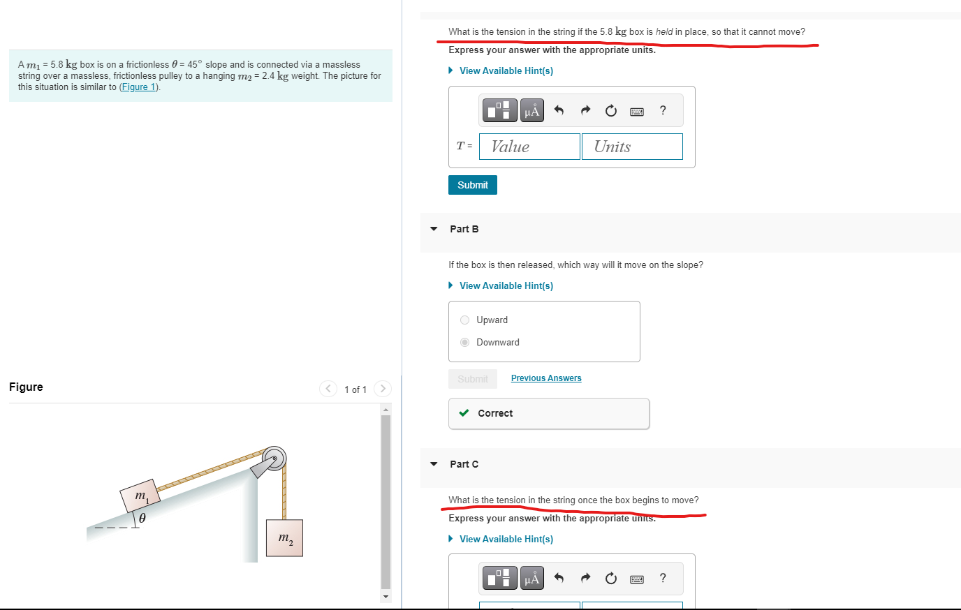 Solved A m1=5.8 kg box is on a frictionless θ=45∘ slope and | Chegg.com