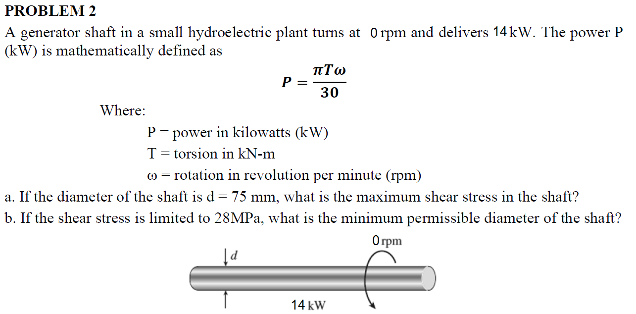 Solved PROBLEM 2 A generator shaft in a small hydroelectric | Chegg.com