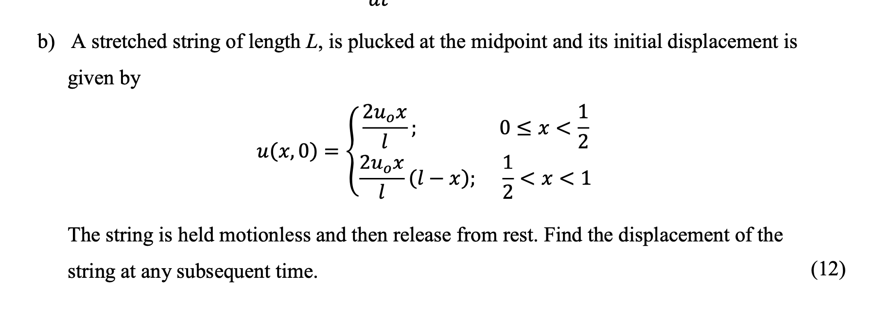 Solved b) A stretched string of length L, is plucked at the | Chegg.com