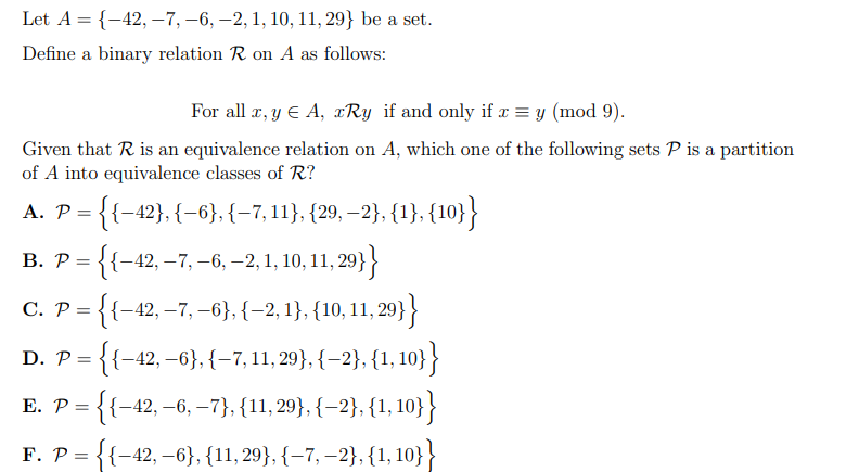 Solved Let A = {-42, -7, -6, -2, 1, 10, 11, 29} be a set. | Chegg.com