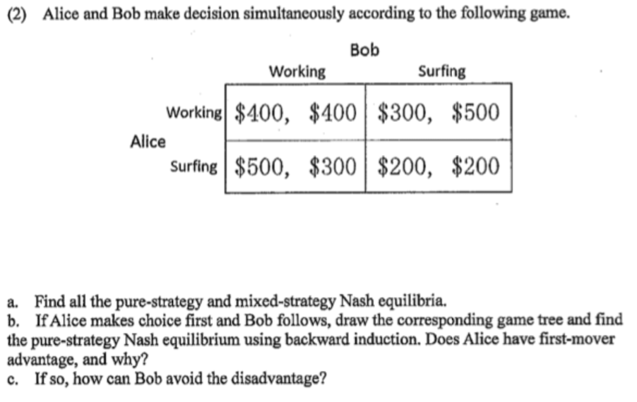 Solved Alice and Bob make decision simultaneously according | Chegg.com