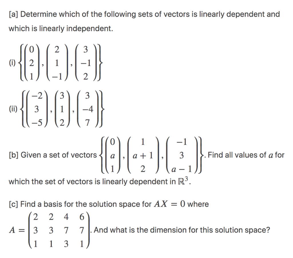 Solved [a] Determine which of the following sets of vectors | Chegg.com