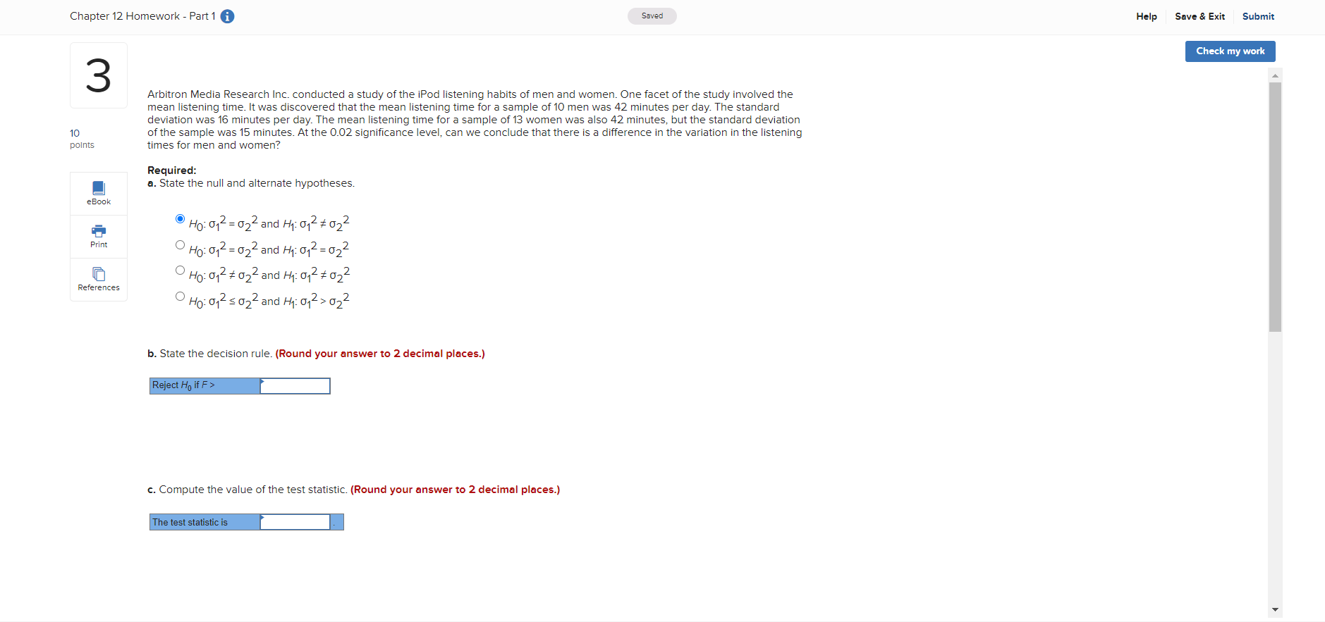 Solved Chapter 12 Homework - Part 1 Saved Help Save & Exit | Chegg.com