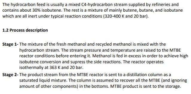 Solved MTBE The aim of this project is to design a plant for | Chegg.com