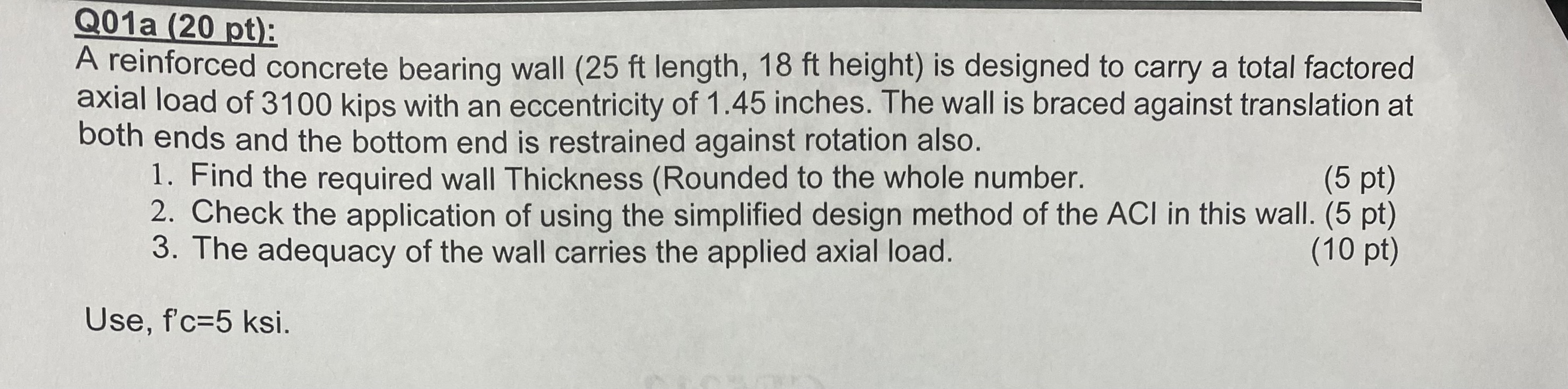 Solved Q01a (20 pt): A reinforced concrete bearing wall ( | Chegg.com