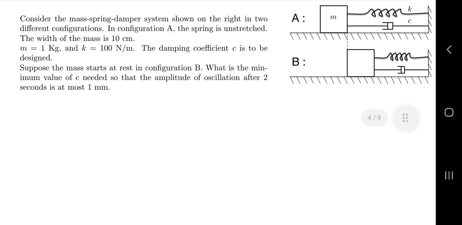Solved k A: m 모 Consider the mass-spring-damper system shown | Chegg.com
