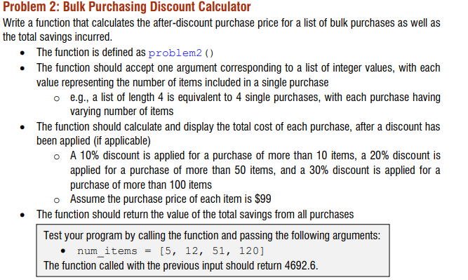 Solved Problem 2: Bulk Purchasing Discount Calculator Write | Chegg.com