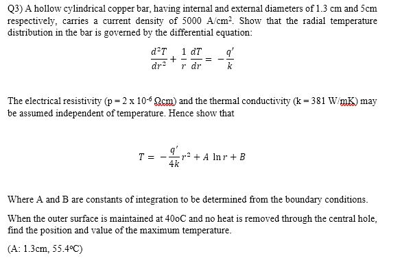 Solved (3) A hollow cylindrical copper bar, having internal | Chegg.com