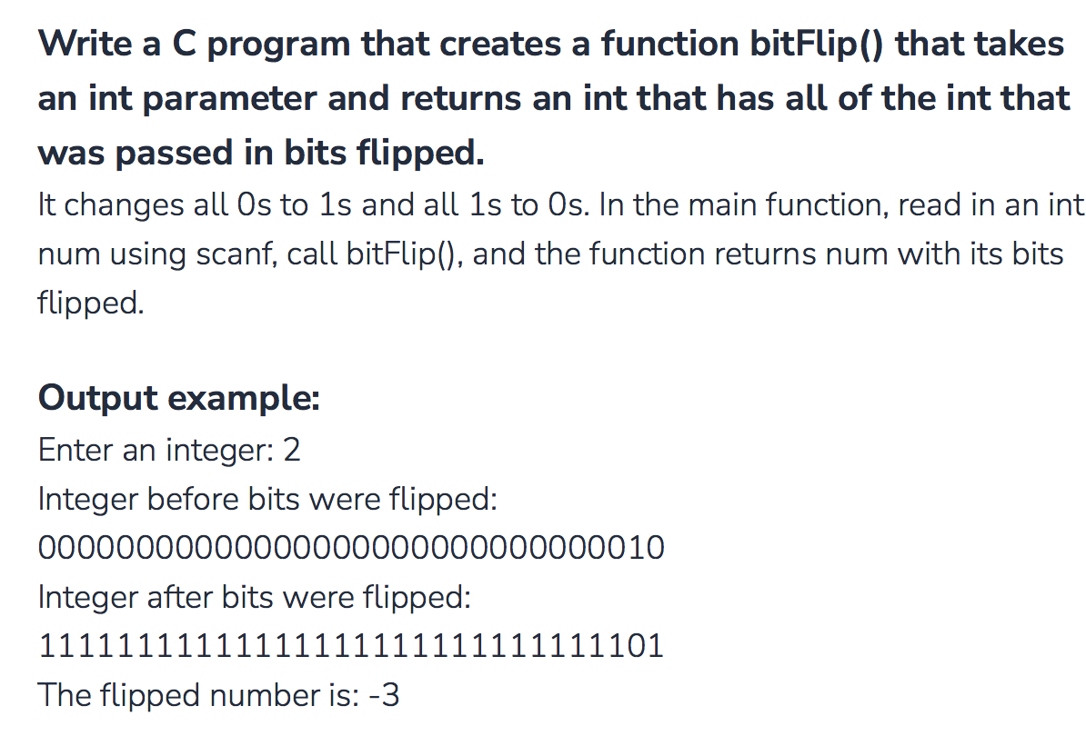 Solved Write a C program that creates a function bitFlip() | Chegg.com