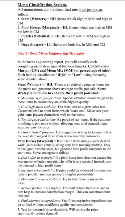 Solved Utilizing Menu Engineering Concept in a Restaurant | Chegg.com