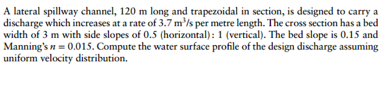 Solved A lateral spillway channel, 120 m long and | Chegg.com