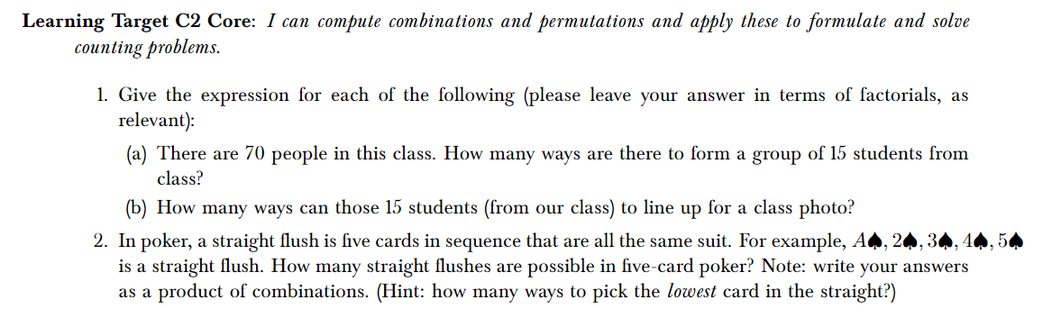 Solved ning Target C2 Core: I can compute combinations and | Chegg.com