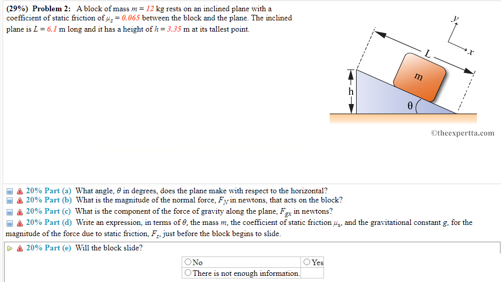 Solved (29%) Problem 2: A block of mass m=12 kg rests on an | Chegg.com