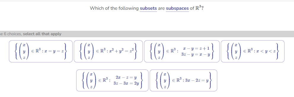 Solved Which of the following subsets are subspaces of R3 ? | Chegg.com