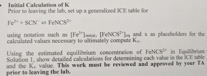 Initial Calculation of K Prior to leaving the lab, | Chegg.com