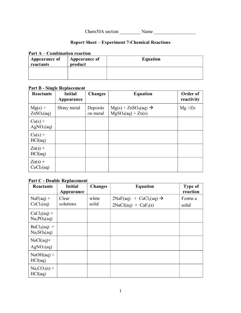 Solved Chem30A section Name Report Sheet - Experiment | Chegg.com