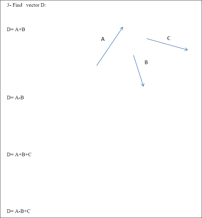 Solved 3- Find vector D: D=A+B A С B D= A-B D=A+B+C D= A-B+C | Chegg.com