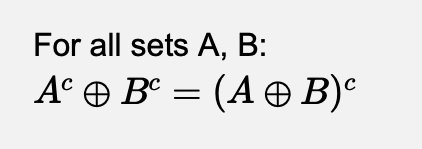 Solved For all sets A,B : A⊕Bc=Ac⊕BAc⊕Bc=(A⊕B)c | Chegg.com
