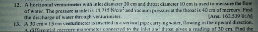 Solved 12. A horizontal venturimeter with inlet dianeter 20 | Chegg.com