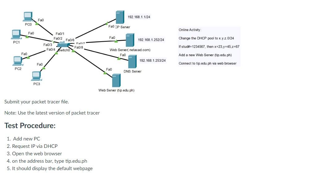 Solved Online Activity: Change the DHCP pool to x.y.z.0/24 | Chegg.com