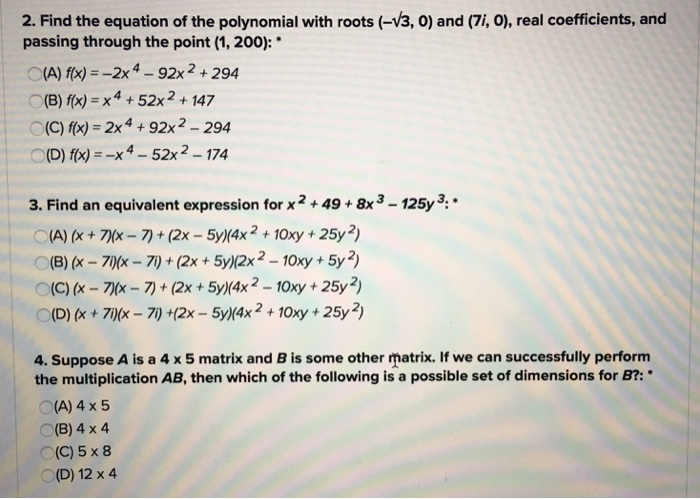 Solved 2. Find the equation of the polynomial with roots | Chegg.com