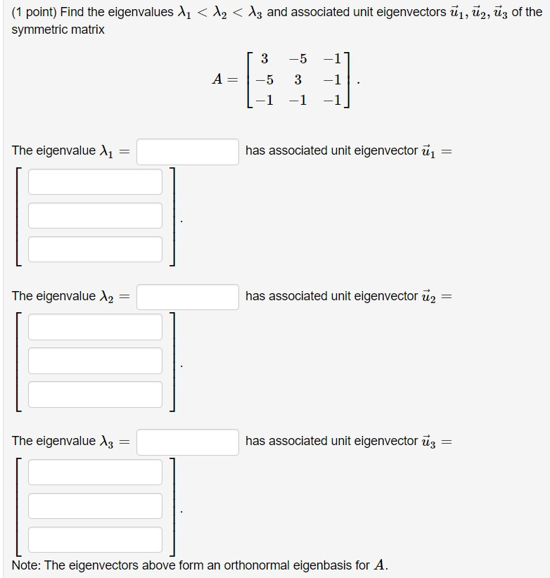 Solved (1 point) Find the eigenvalues li | Chegg.com