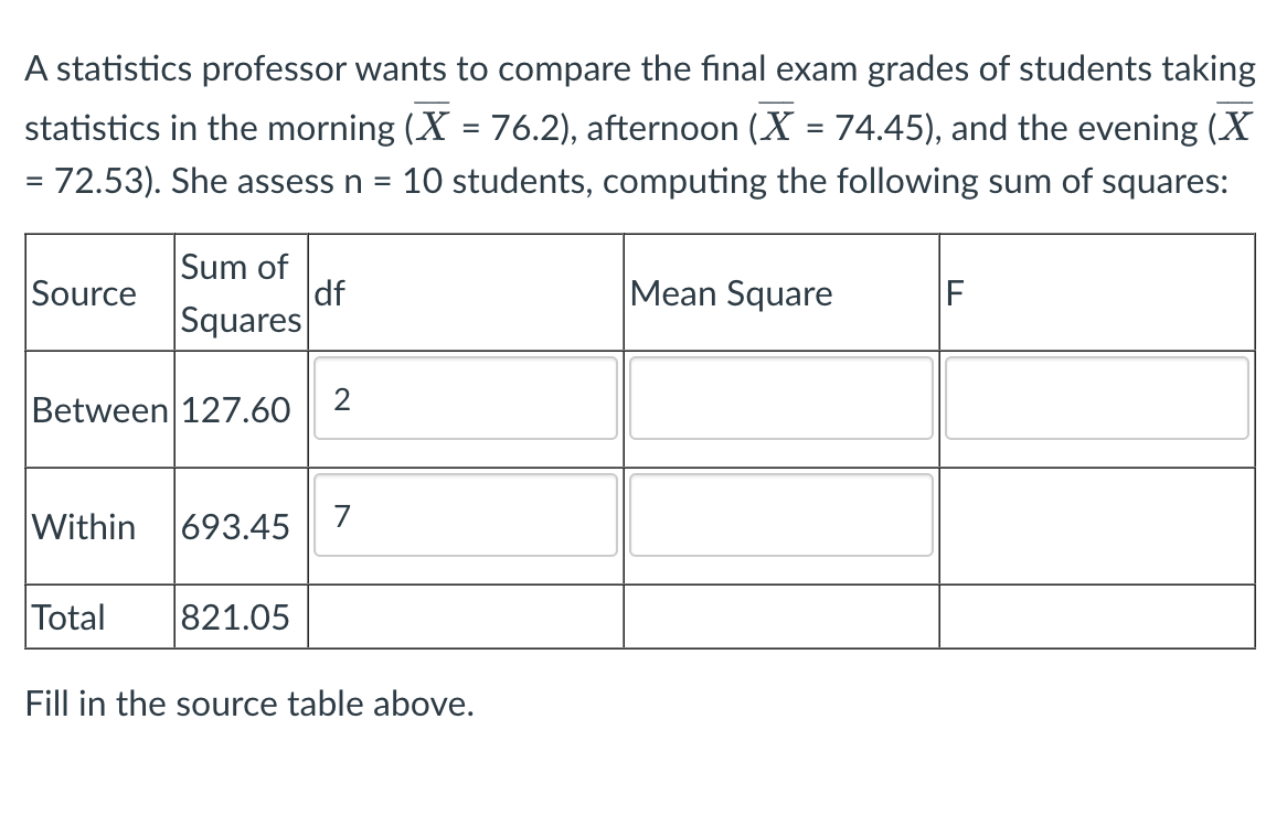 Solved A statistics professor wants to compare the final | Chegg.com