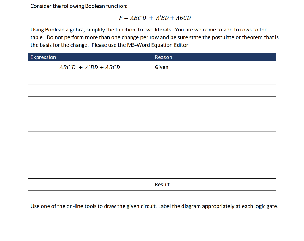 Solved Consider the following Boolean function: F= ABC'D + | Chegg.com