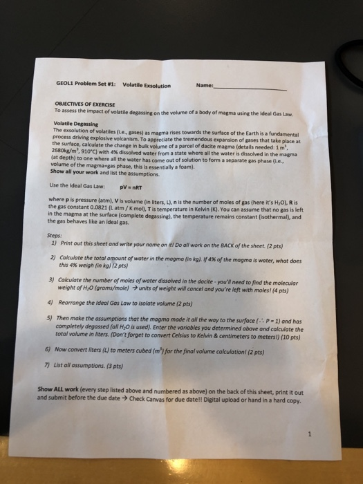 Solved GEOL! Problem Set #1: Volatile Exsolution Name: | Chegg.com