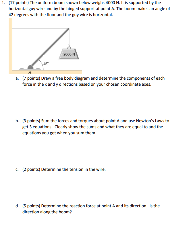 Solved 1. (17 points) The uniform boom shown below weighs | Chegg.com