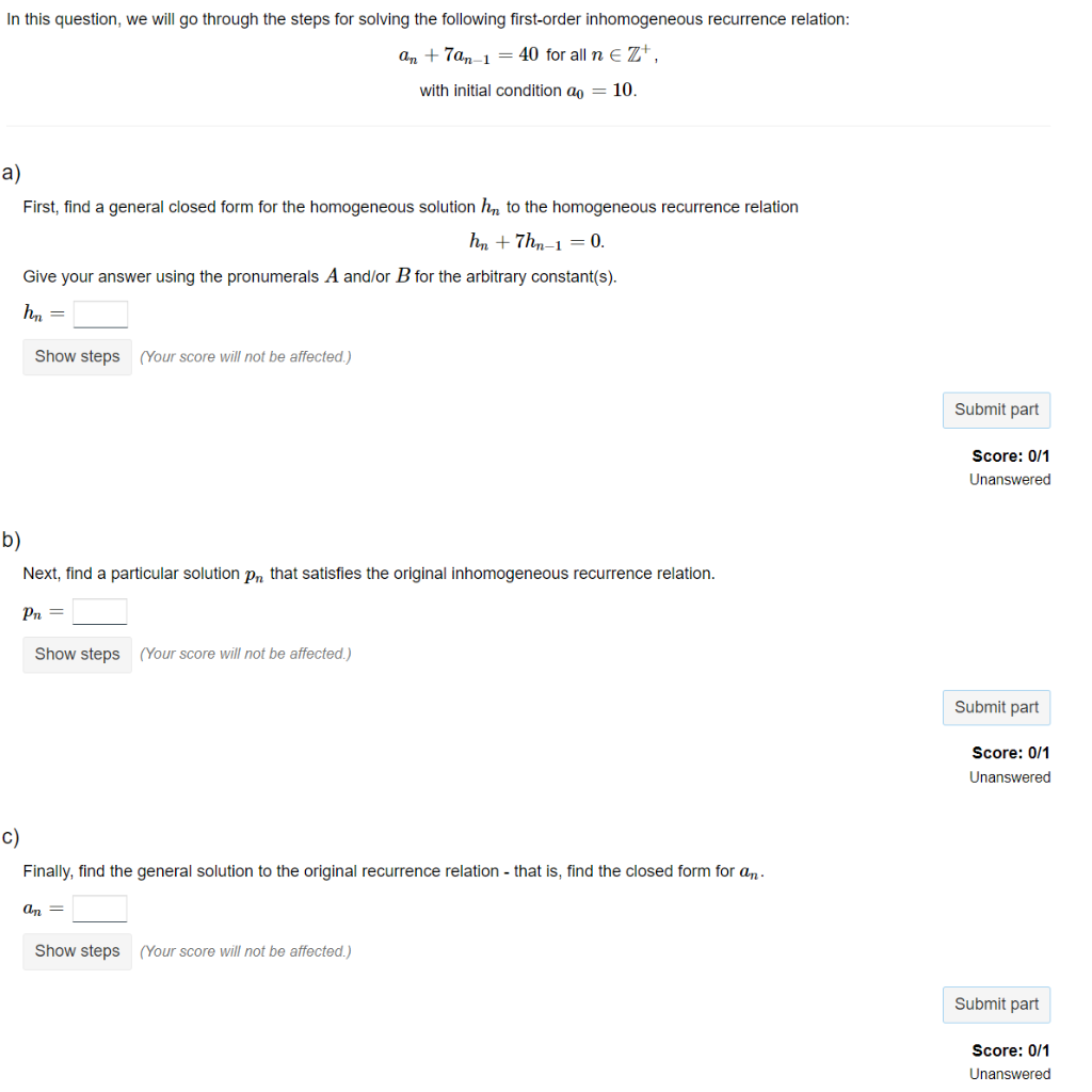 Solved an+7an−1=40 for all n∈Z+, with initial condition | Chegg.com