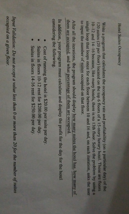 Solved Hotel Suites Occupancy Write a program that | Chegg.com