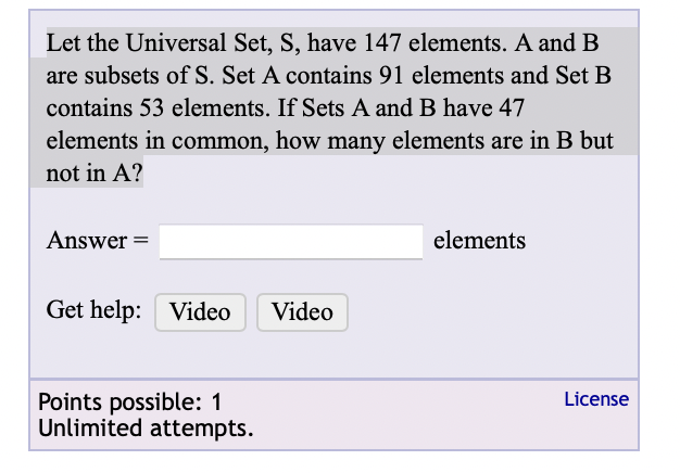 Solved Let the Universal Set, S, have 147 elements. A and B | Chegg.com